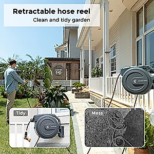 Giraffe Tools AW30 Garden Hose Reel Retractable 100ft x 1/2" with 9 Pattern Nozzle Wall Mounted Auto Rewind Hose Reel, 100ft, Dark Grey
