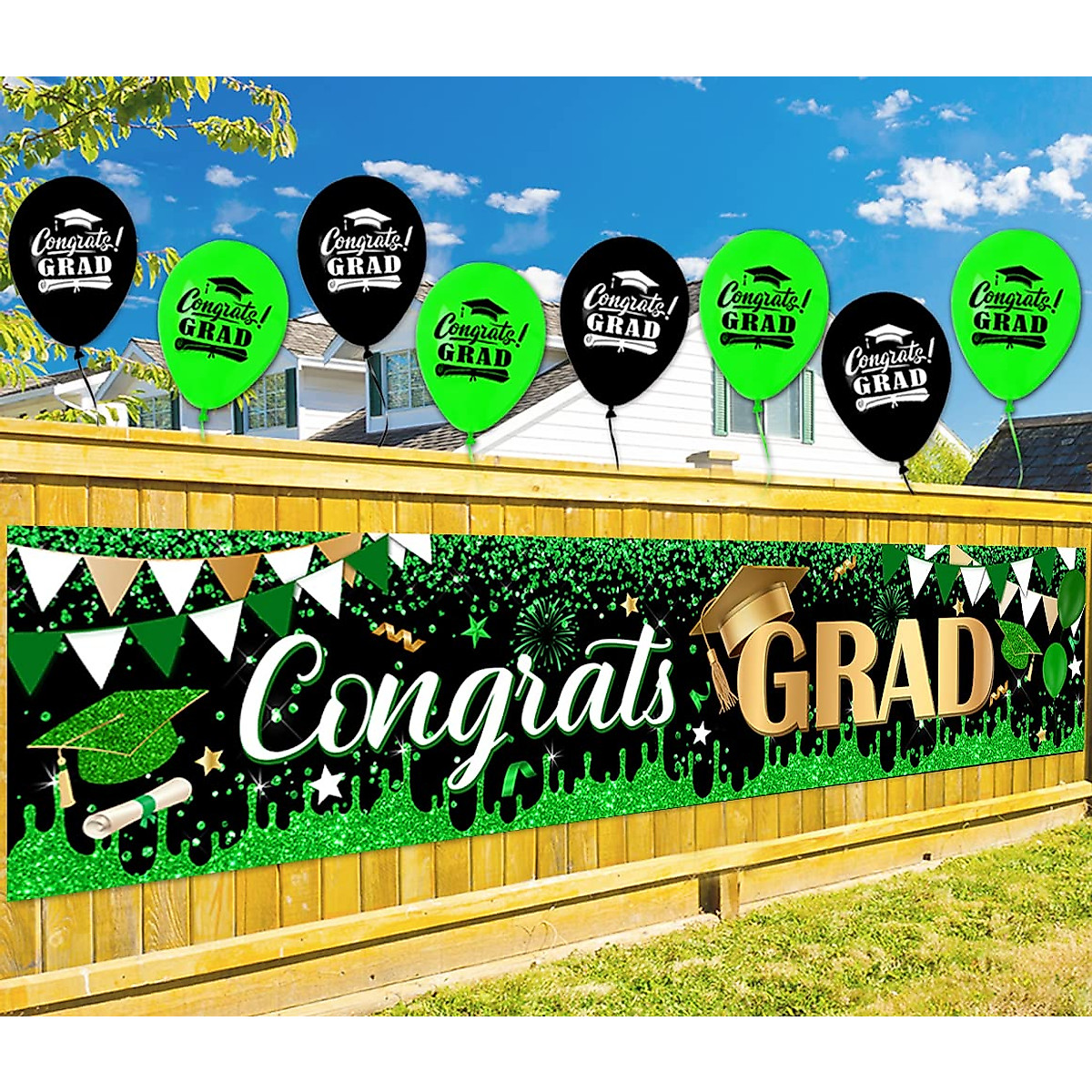Large Congrats Grad Banner Green Class of 2023 Graduation Banner With 8 Pcs Balloons Decorations Yard Sign For College Graduation Party Supplies