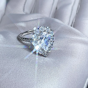 YOYEEWYNS 18K White Gold Plated 3.0CT Teardrop Cubic Zirconia Promise Halo Engagement Eternity Ring for Women Pear Wedding Band Size 7