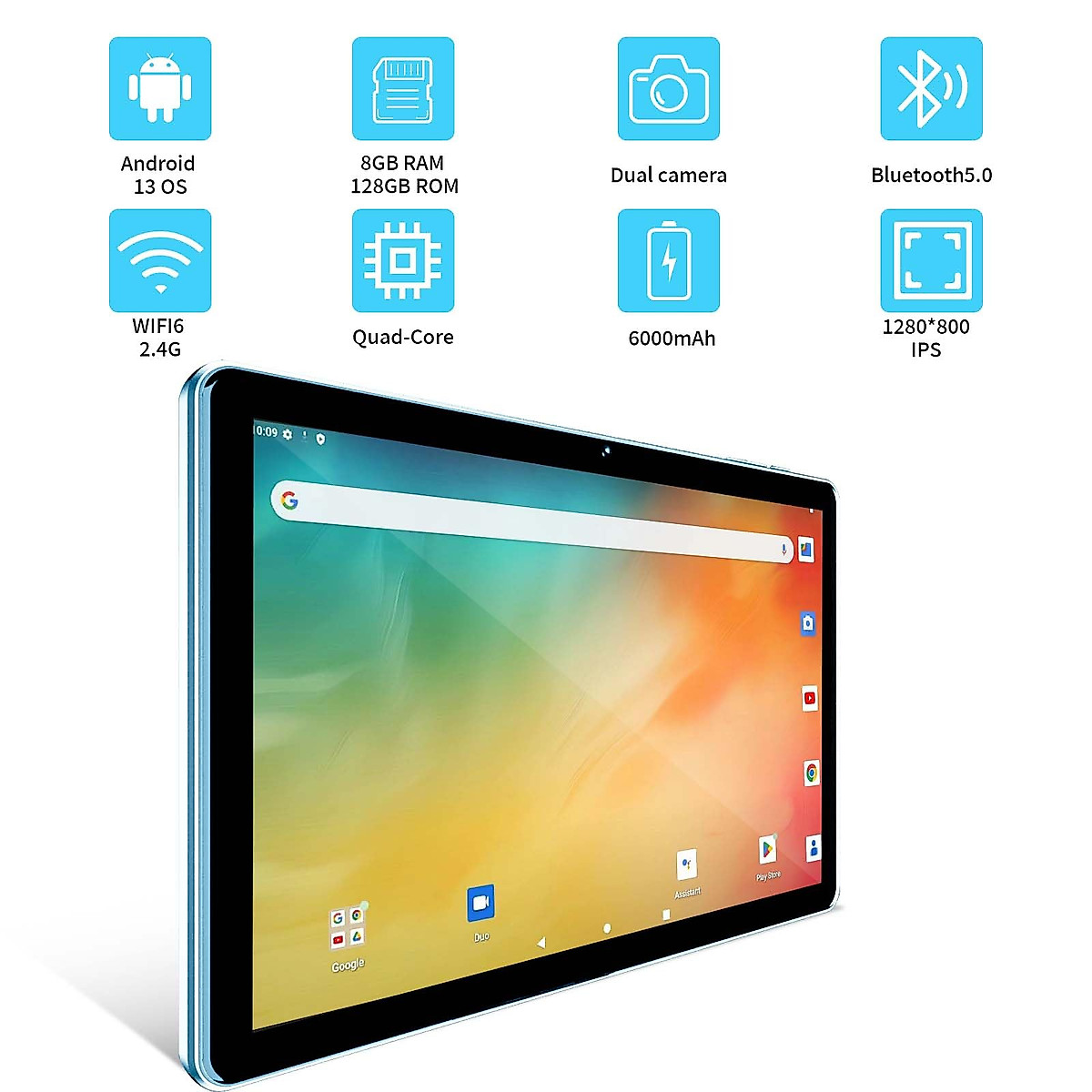 Android 13 Tablet 10 inch Tablets with 8GB RAM 64GB ROM 1TB Expand, 1280x800 IPS Touchscreen, WiFi 6, Dual Camera, 6000mAh Battery, GMS, Quad-Core, Bluetooth 5.0 (Blue) (K12)