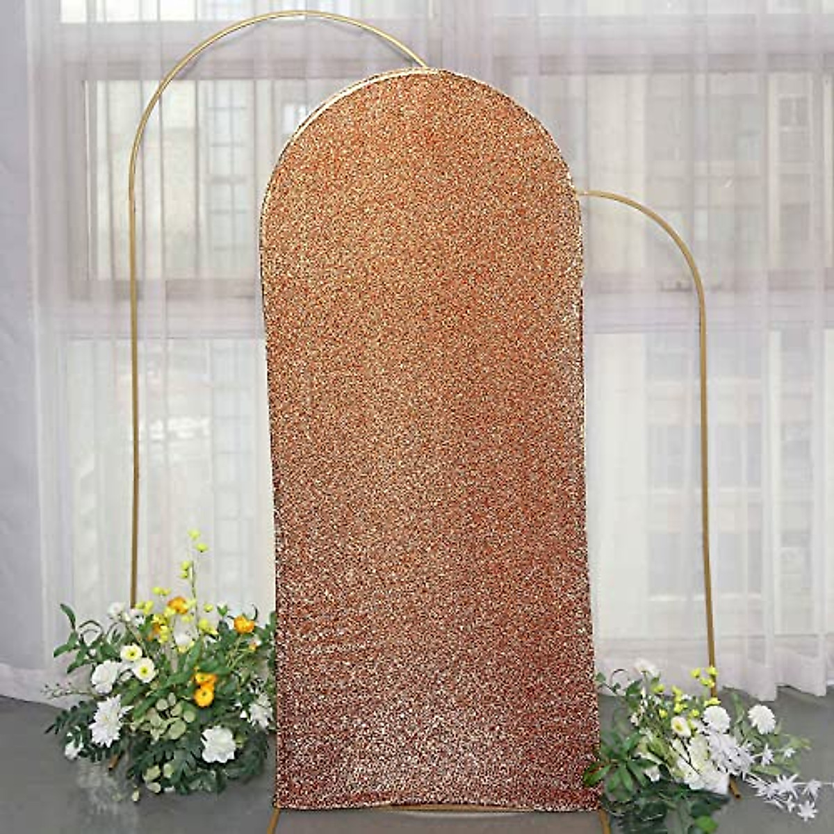 TABLECLOTHSFACTORY 6ft Shiny Antique Gold Spandex Fit Round Top Backdrop Frame Stand Cover, 2-Sided Metallic Sparkly Wedding Arch Cover