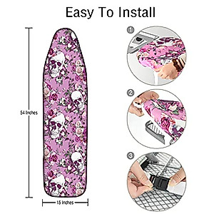 Codymon Ironing Board Cover 54x15 inches, Heavy Duty Thick Padding, Resists Staining and Scorching, Elasticized Edges - Skull Rose Pink
