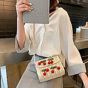 Straw Bags for Women, Hand-woven Straw Cherry Shoulder Bag Tote Summer Retro Beach Rattan Bag Straw Crossbody Bag for Lady Girls (Beige)