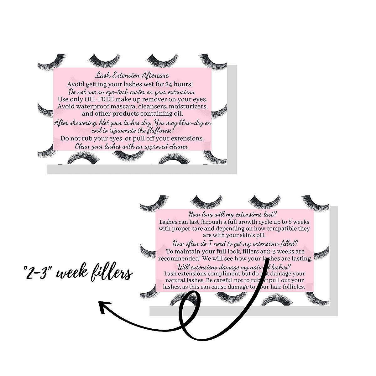 Lash Extension Aftercare Cards | 50 Pack | Eyelash Extension Supplies | Lash Print & Pink Design | Size 3.5 x 2" inches | After Care (2-3 Week Fillers)