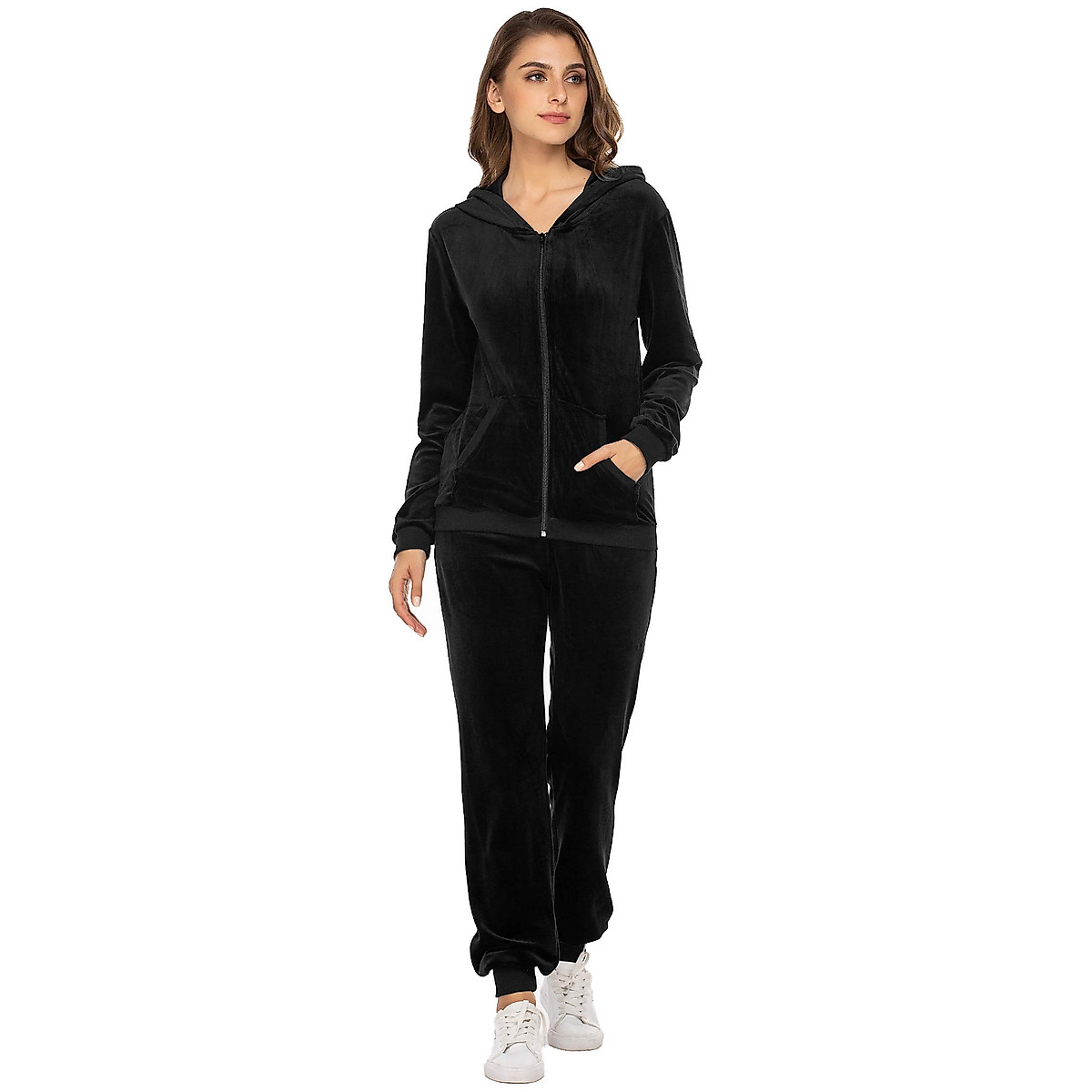 HOTOUCH Womens Velour Two Piece Outfits Active Hoodies Outfits Sports Wear Jogging Track_Suit Black, X-Large