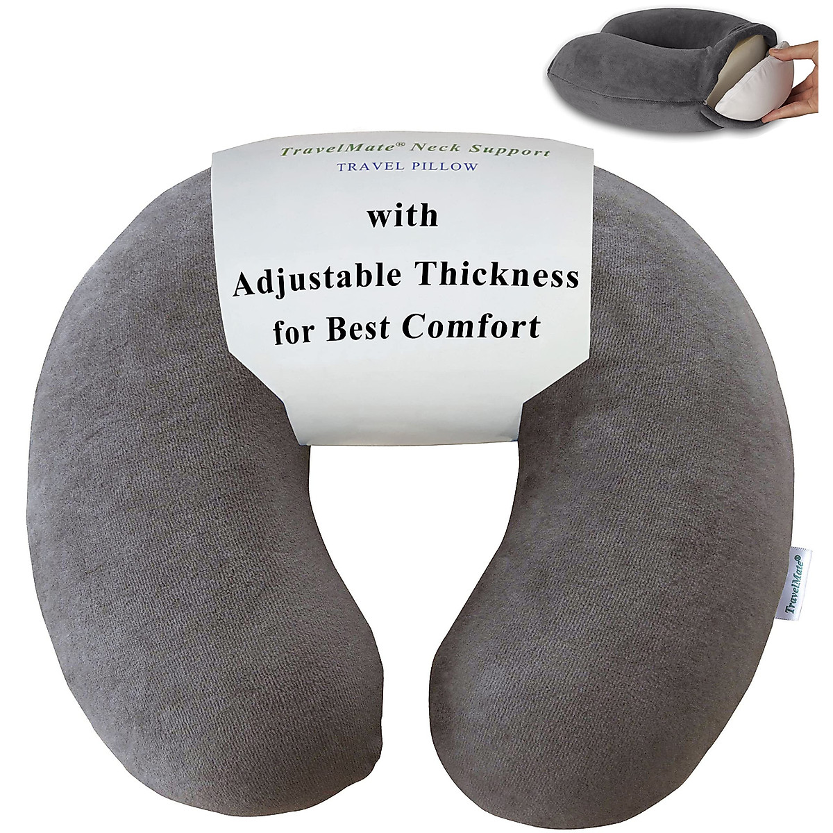TravelMate Memory Foam Neck Pillow - Adjustable Thickness for Best Comfort, Grey