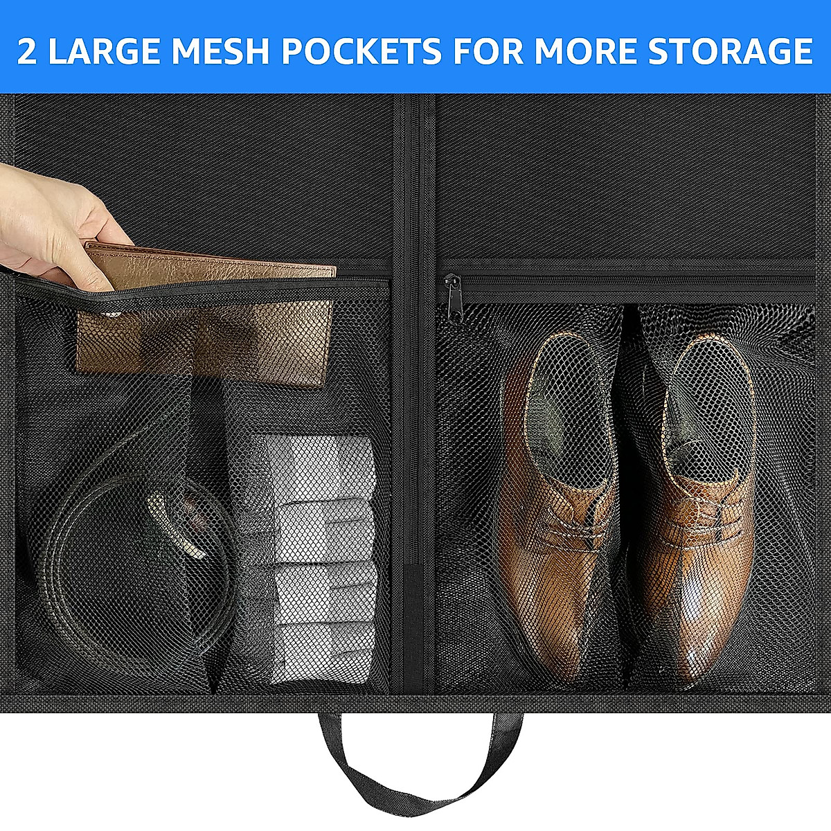 SRFRZ 43" Heavy Duty Garment Bags Suit Bags for Travel Hanging Clothes, 4" Gussetes with Pockets and 2 Handles, Protector for Coat Dress Jacket Shirts