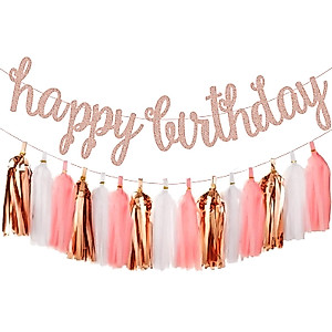 Rose Gold Birthday Decorations Rose Gold Happy Birthday Banner Tissue Paper Tassels Garland for Birthday Party Decorations Birthday Decoration for Girl Women