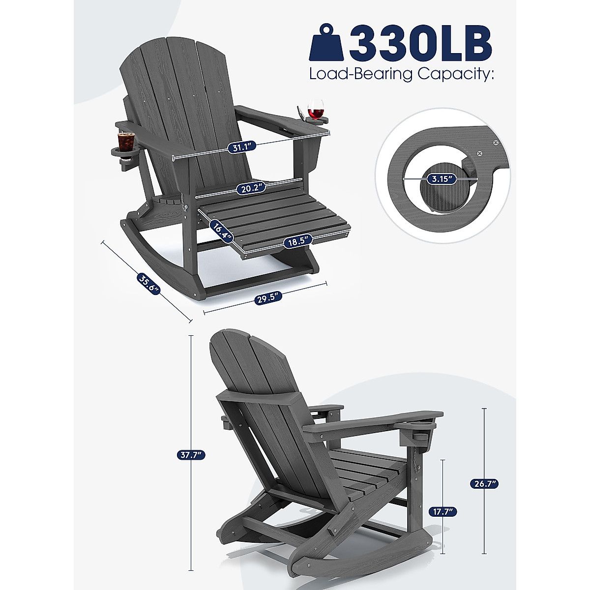 KINGYES Folding Adirondack Rocking Chair with Retractable Ottoman and Cup Holders, 4-in-1 Multifunctional HDPE Adirondack Chair for Porch, Patio, Balcony, Leaden Grey