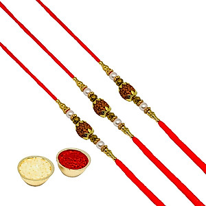 KHANDEKAR Set of 3 Pc Single Rudraksha Rakhi for Brother Bhaiya Bhabhi Traditional Handmade Premium Quality Designer Rakhi Set with Roli Chawal, Rakhi Thread Rakhdi Bracelets