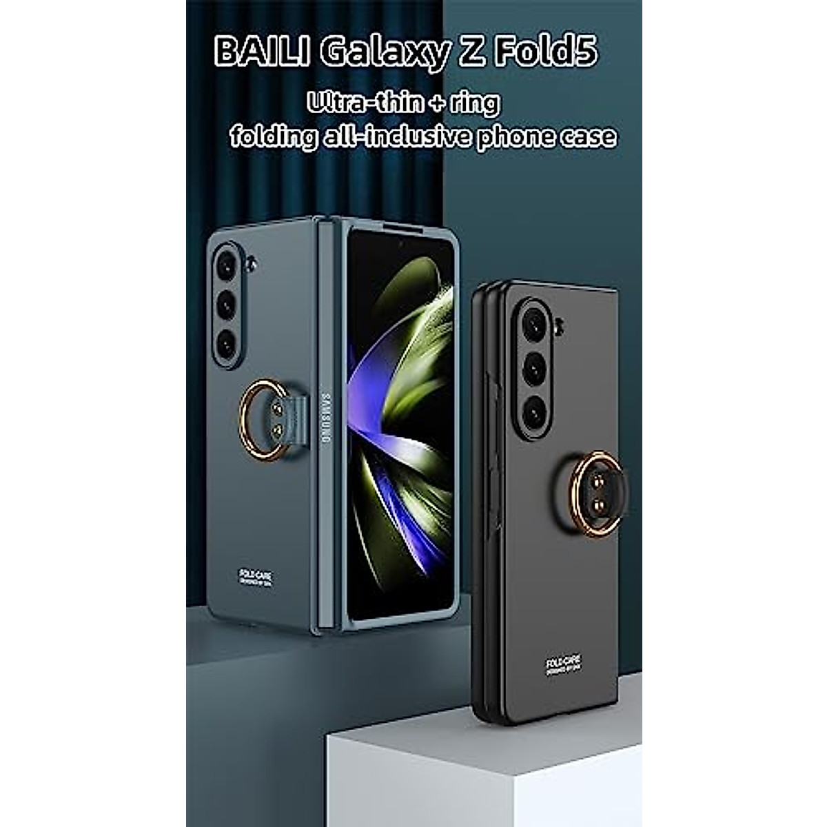 BAILI Case for Samsung Galaxy Z Fold 5,Galaxy Z Fold 5 Case with Ring and 360° All-Round Protection Slim Hard PC,Military Grade Drop Protective Cover for Samsung Galaxy Z Fold5-Black