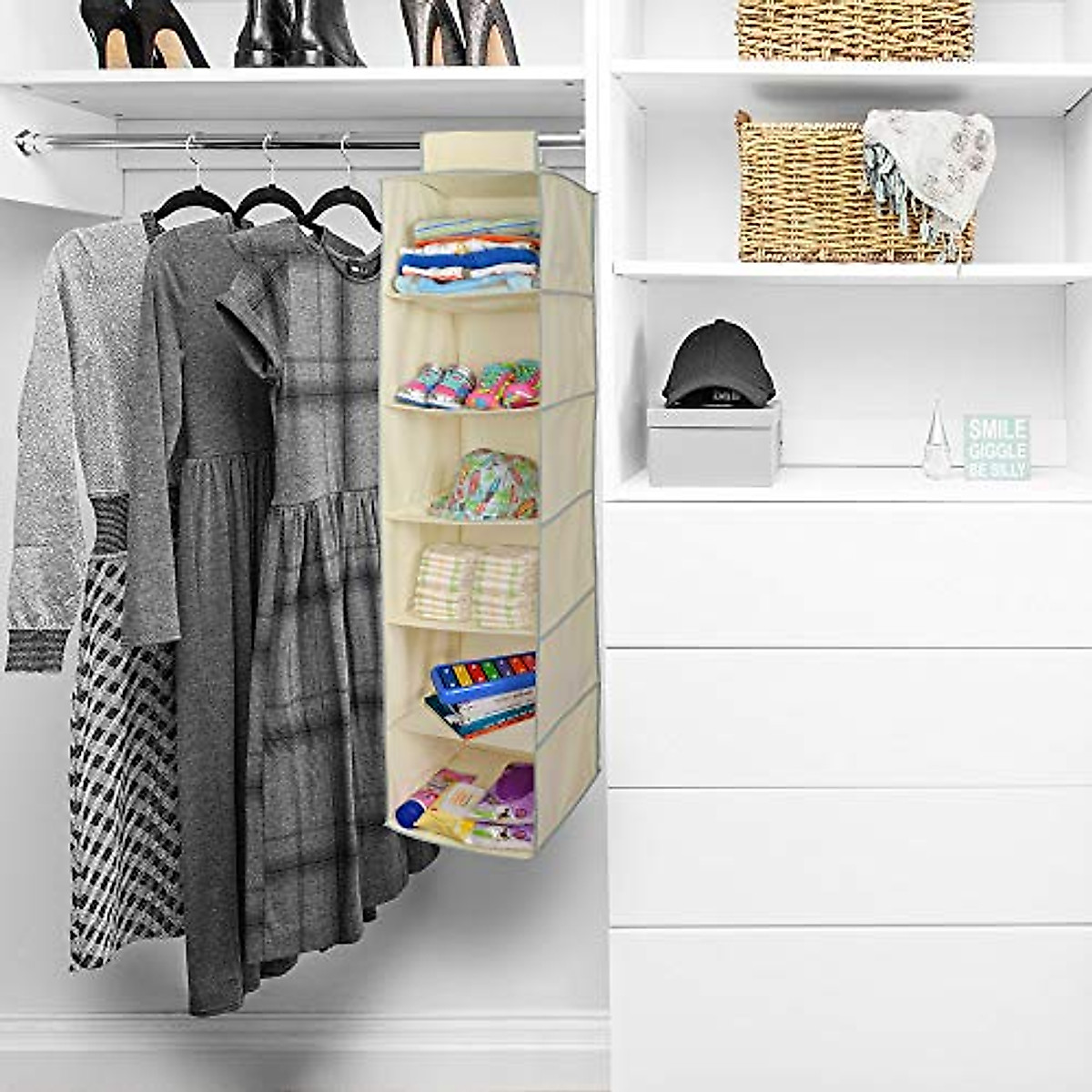 Smart Design Shelf Cubby Hanging Organizer w/ Hook & Loop - VentilAir Material - Clothing, Clothes, Accessories, & Closet Storage - Home Organization (6-Tier, Beige w/ Slate Trim)