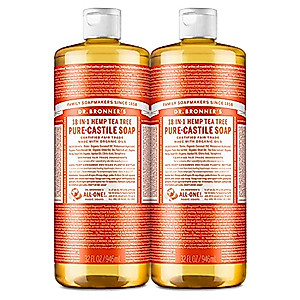 Dr. Bronner’s - Pure-Castile Liquid Soap (Tea Tree, 32 ounce, 2-Pack) - Made with Organic Oils, 18-in-1 Uses: Acne-Prone Skin, Dandruff, Laundry, Pets and Dishes, Concentrated, Vegan