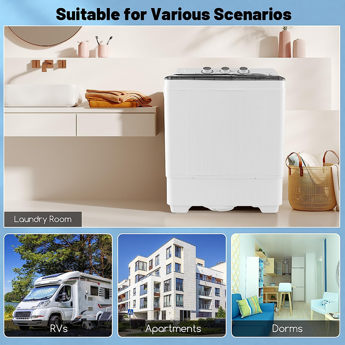 ARLIME Portable Washing Machine, 26 lbs Washer and Spinner Combo with Drain Pump,18 lbs Washing 8 lbs Spinning Twin Tub Mini Compact Laundry Washer for Dorms, Apartments, RVs (White+Gray)