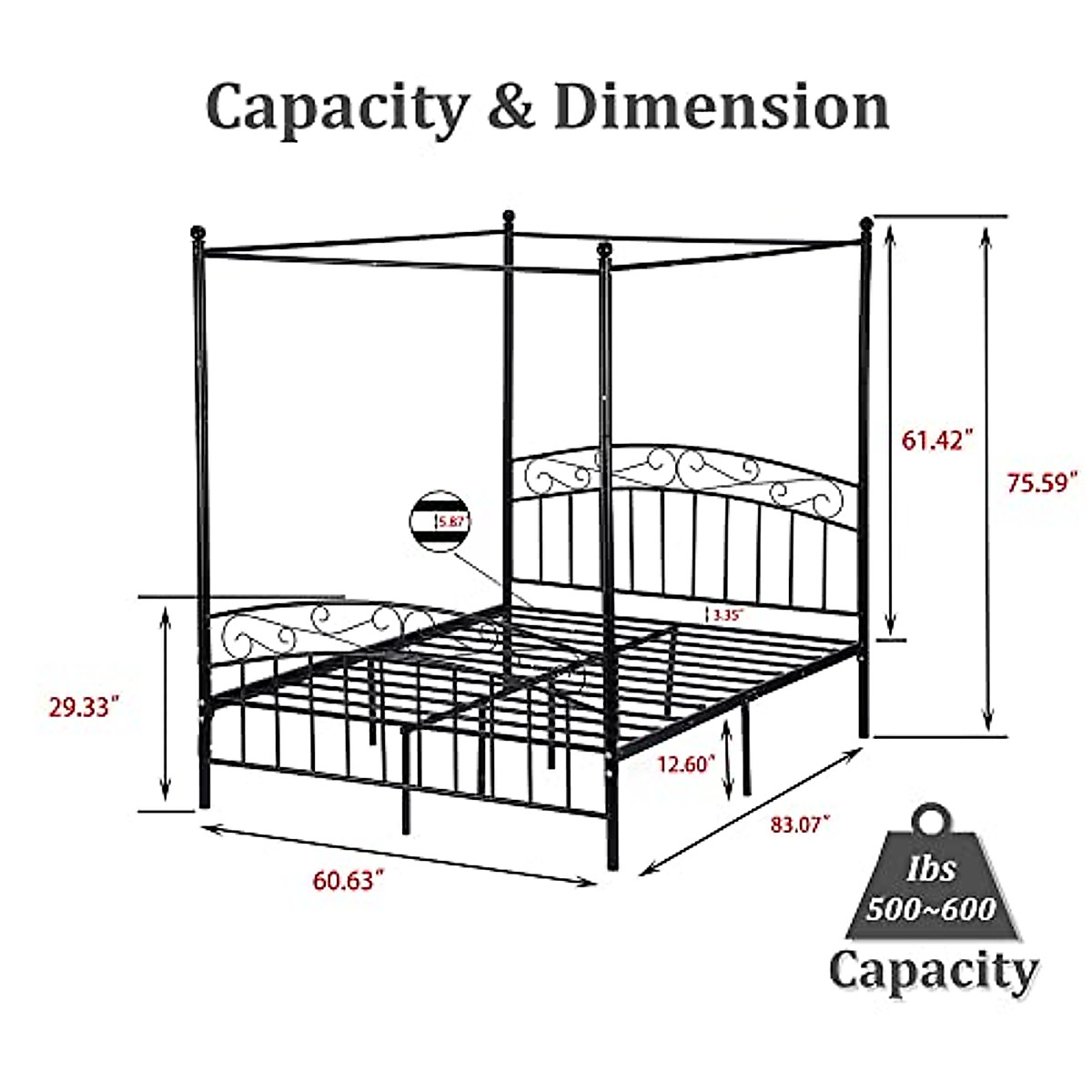 alazyhome Queen Canopy Bed Frame Four-Poster Metal Platform with Headboard and Footboard Sturdy Heavy Duty Steel Slat Support No Box Spring Needed Easy Assembly Black