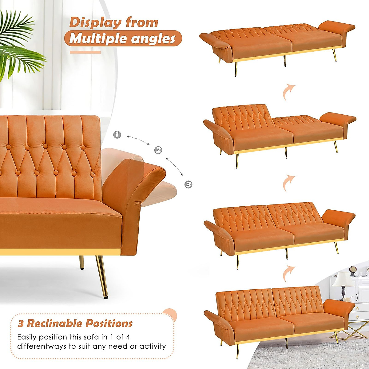 Lesofair 70” Velvet Futon with Adjustable Backrest and Armrests, Sofa Bed with with Extra Pillows for Waiting Room, Living Room and Office, Orange
