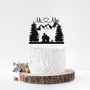 Mountain Wedding Cake Topper, Outdoors Romantic Wedding Cake Toppers, Hiking Mr & Mrs/Bride and Groom Cake Decor, Forest Theme Wedding Party Decorations Black Glitter
