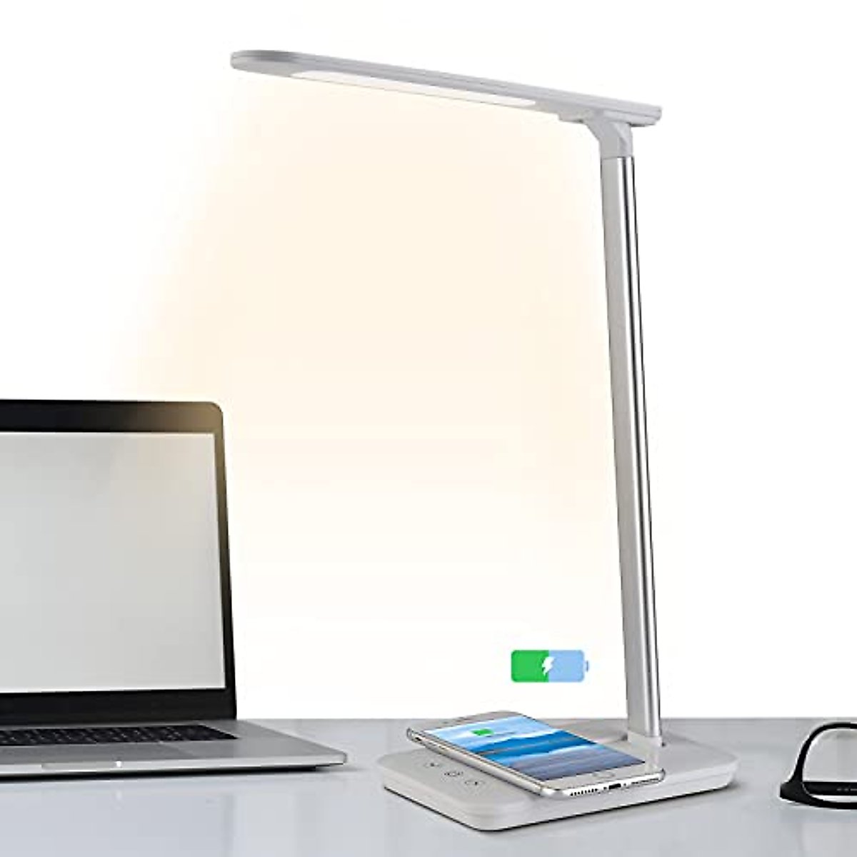 Fasiphe LED Foldable Desk Lamp with Wireless Charger and USB Port, Touch Control, Cold and Warm with 3 Levels Brightness Eye-Protective Reading Lights, Table Lamps for Home Office White