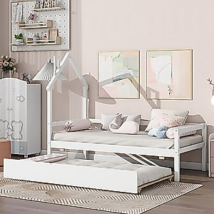 GEEVIVO Twin Daybed with Trundle, Wooden Twin Size Platform Day Bed Frame with House-Shape Headboard, Modern Sofa Bedframe for Boys/Girls/Teens/Kids Bedroom, No Box Spring Required (White)