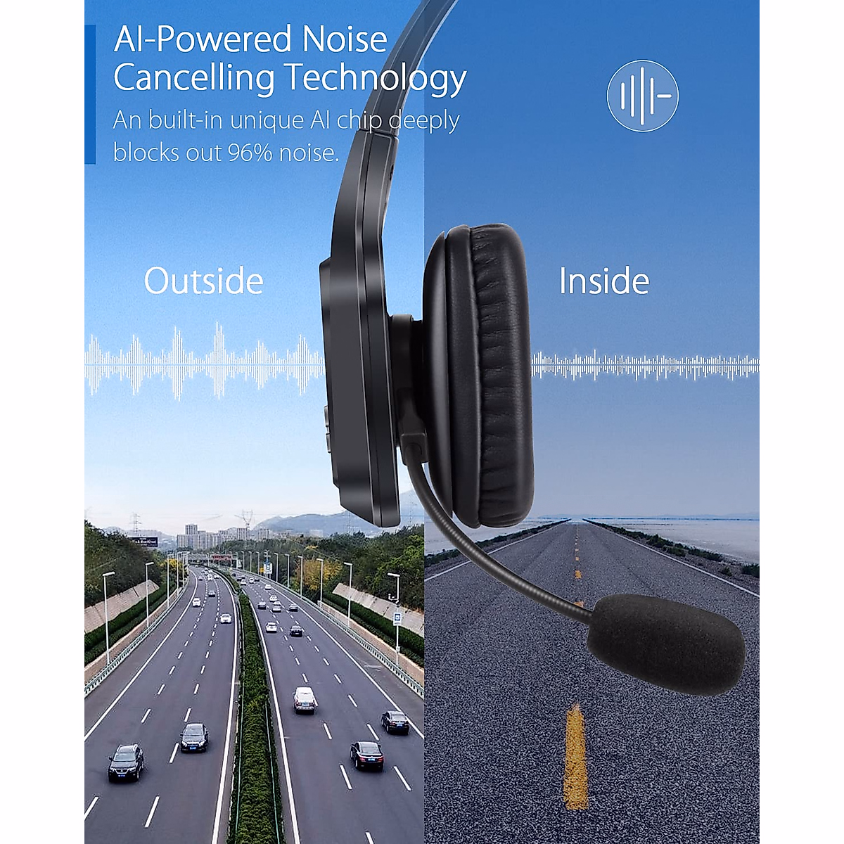 HomeSpot JM100 Trucker Bluetooth Headset with AI Noise Canceling, Wireless Headset with Rotatable Microphone and Big Mute Button, 34 Hrs Talk Time for Trucking, Home Office, Call Center