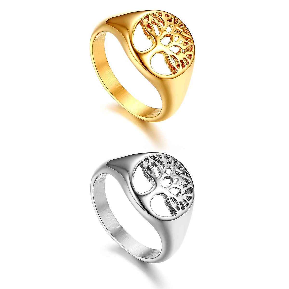 Rofusn Women Men's Hollow Tree of Life Ring, Stainless Steel Religious Vintage Life Tree Round Signet Band Rings for Wedding Band Anniversary