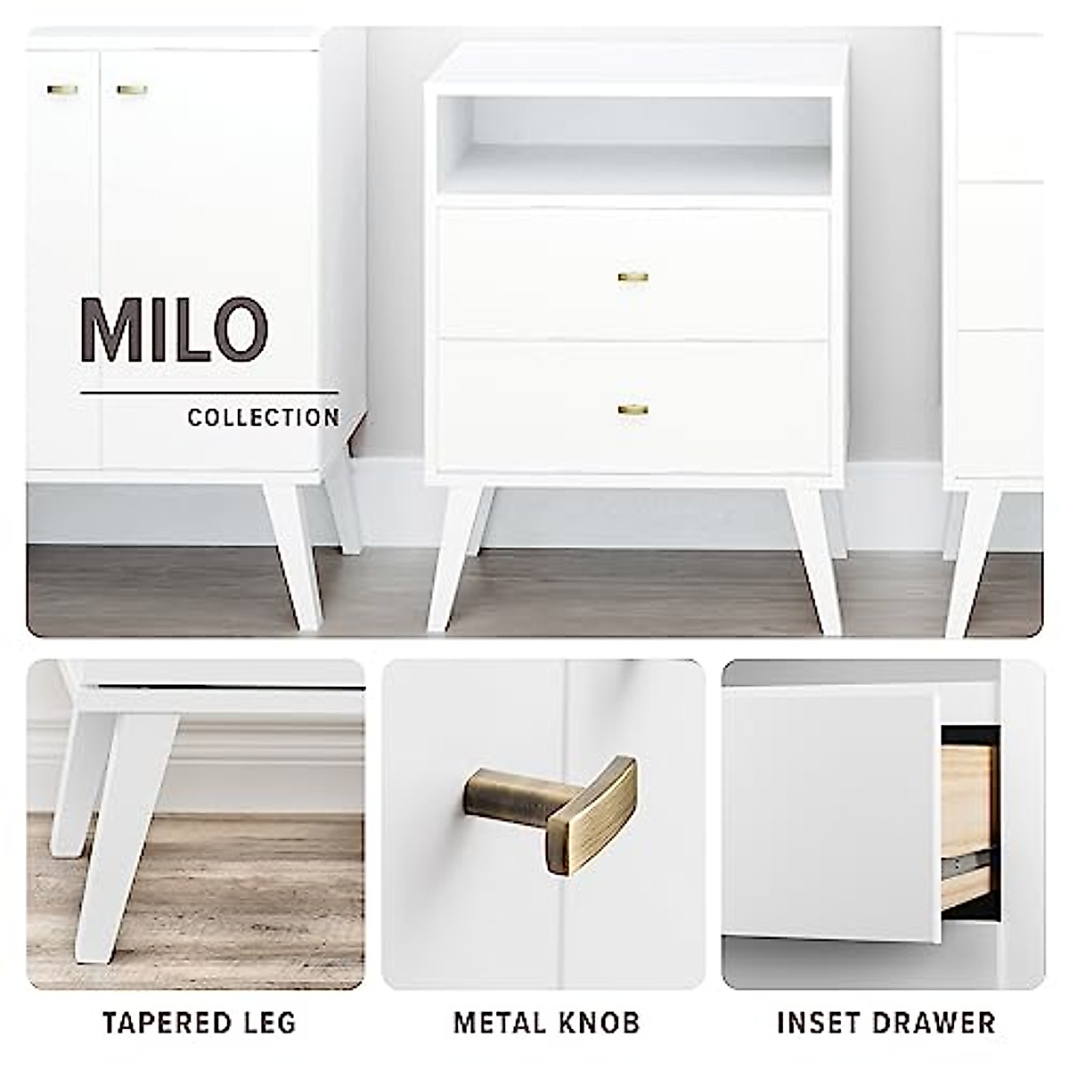 Prepac Milo Mid-Century Modern Bookcase with Six Shelves, Two Doors, and Brushed Brass-Finished Knobs