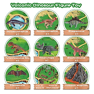 kramow Dinosaur Volcano Figures Toy with Mat, Mist-spouting Volcano Playset with Realistic Dinosaurs,Stone and Tree to Create a Dinosaur World Educational for Kids Boys Girls Age 3+