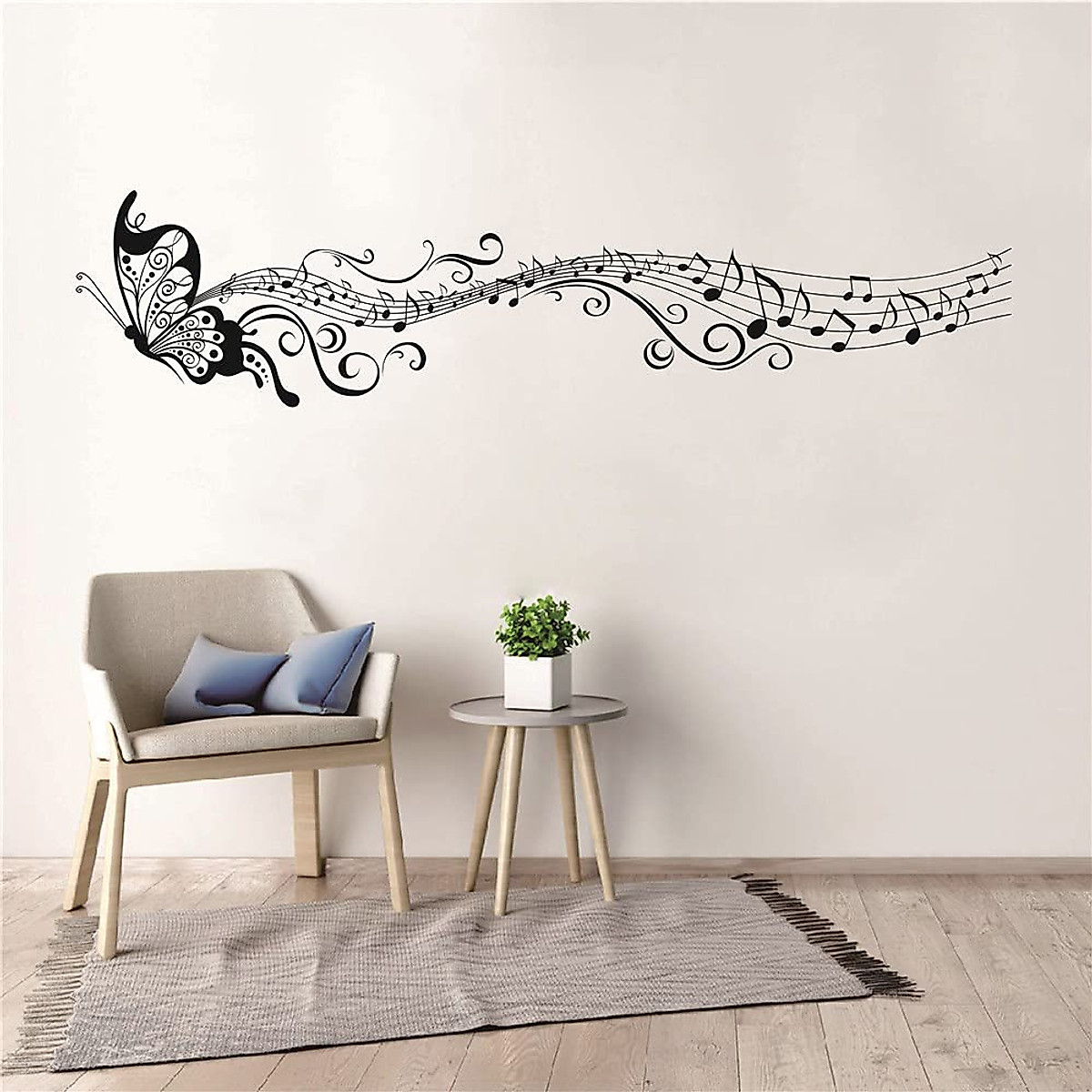 Removable Large Flying Butterfly Notes Music Wall Decor Sticker Kids Room Bedroom Butterflies Adhesive for Baby Nursery Room Vinyl Wall Mural TM-55 (Black)