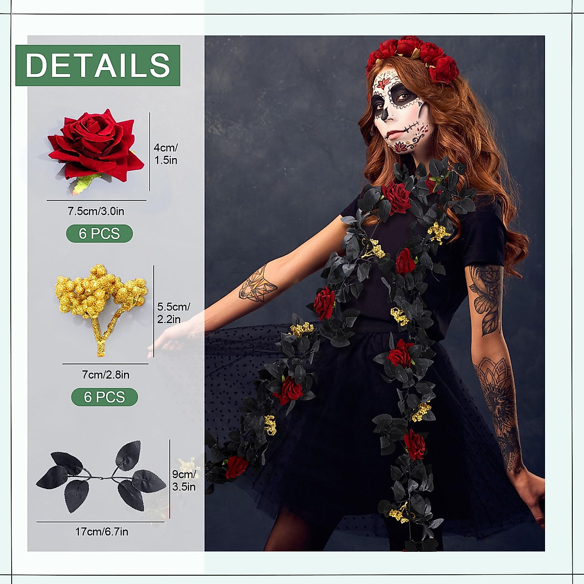 Zeyune 5 Pcs Halloween Artificial Black Rose Vine Fake Floral Wall Hanging Ornaments Dark Flower Floral Vines Decorative Black Rose Garland with Golden Berries and Black Leaves for Home Wedding Party