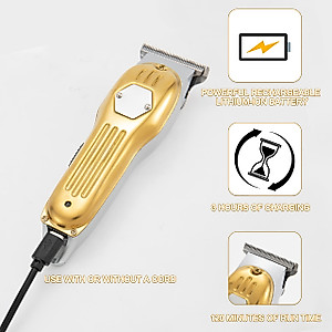 Rejoeven Hair Clipper, Rechargeable T-Blade Trimmer Kit Cordless Metal Hair Cutting Set Barber Clipper for Men, Women Kids with 3 Guide Comb, Professional Clippers Set for Barber and Home Use (Golden)