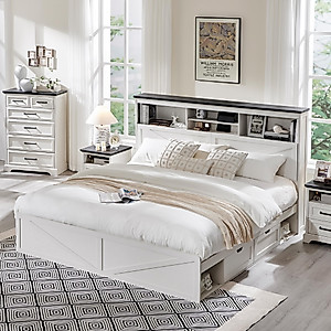 ACCOHOHO Farmhouse King Size Wood Bed Frame with 52" Tall Storage Headboard and 4 Drawers,LED Light,Charging Station,Solid Wood Slats Support,Noiseless,No Box Spring Needed,White