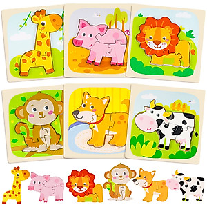 NiToy Wooden Animal Jigsaw Puzzles for Kids, Montessori Educational Building Block Toys Vivid Color Shapes for 36 Month+ Preschool STEM Early Learning Games Gift for Boys and Girls Age 3+ (6 Animals)