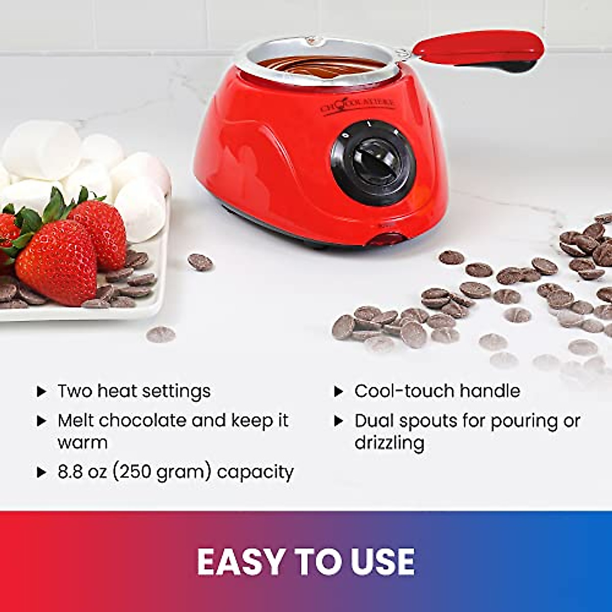 Total Chef Chocolatiere Electric Melter for Chocolate and Candy Melts, 8.8 oz (250 g), Fondue Pot, DIY Candy Maker with 32-Piece Accessory Kit for Dessert, Special Occasion, Romantic Dinner, Red