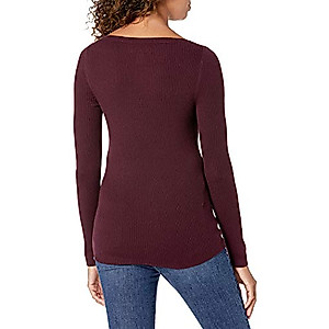 Amazon Essentials Women's Lightweight Ribbed Long-Sleeve Boat Neck Slim-Fit Sweater, Burgundy, Large