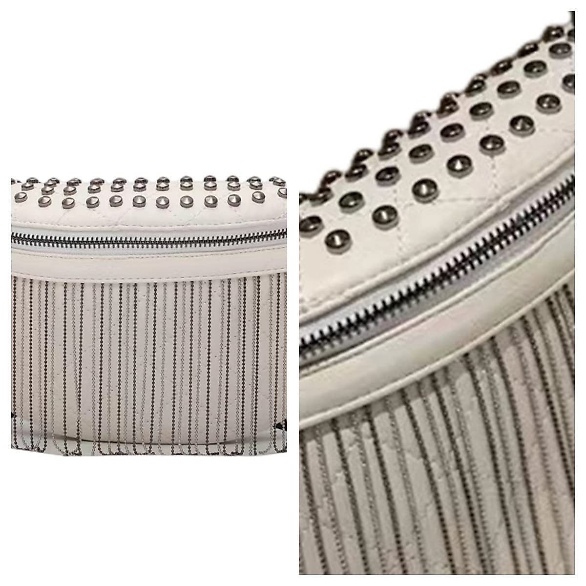 IAMUHI Women Vegan Leather Cross Chest Bag Rivets Fringed Shoulder Handbag Purse Waist Bag,White