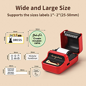 PTJOO B21 Label Maker Machine with Tape 1" x 2"(25 x 50mm) Wide Cute Fonts Emoji Different Calligraphy Customizable Bluetooth USB Rechargeable for Android iOS Fast and Easy(Red)