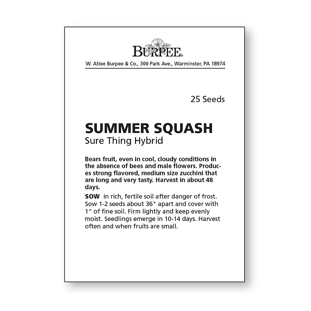 Burpee Sure Thing Zucchini Summer Squash Seeds 25 seeds