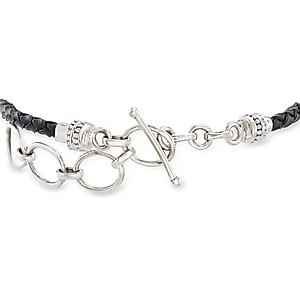 Ross-Simons 2.50 Carat Amethyst and Black Leather Toggle Bracelet in Sterling Silver. 7 inches