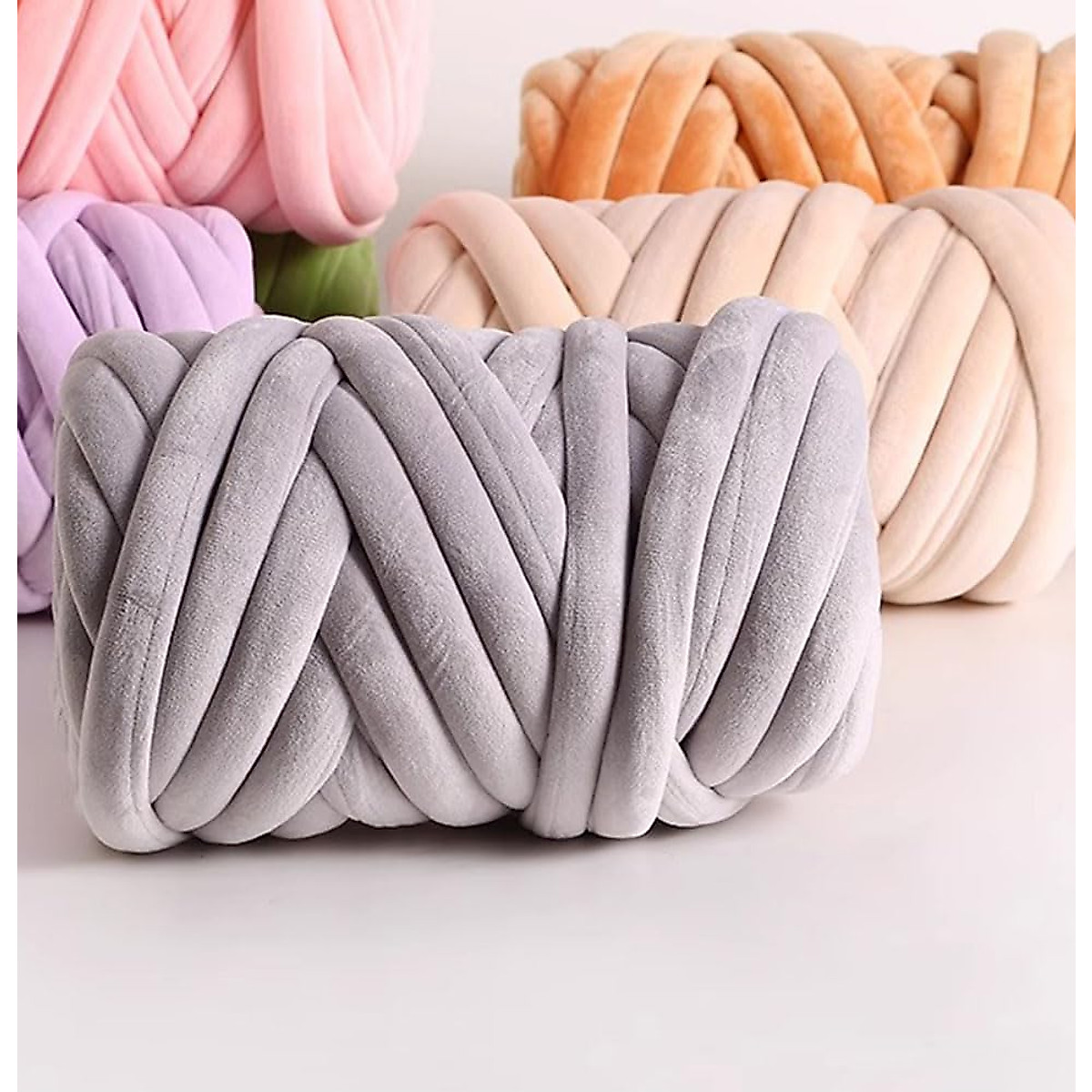 Velvet Chunky Yarn Bulky Giant Arm Knitting Yarn, Super Soft Tubular Weight Jumbo Yarn,DIY Crochet Hand Knitting Thick Yarn for Blanket,Pet Bed, Rugs Pillow,Handbag(2.2lb-Light Gray)