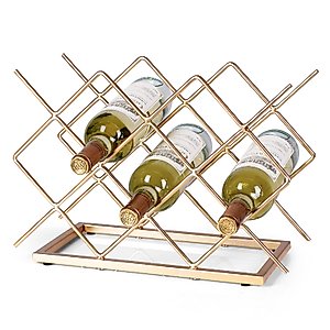 Drincarier Countertop Wine Rack - 10 Bottle Freestanding Modern Gold Metal Small Wine Rack - Tabletop Wine Holder Stand for Cabinet, Pantry, Wine Bottle Storag
