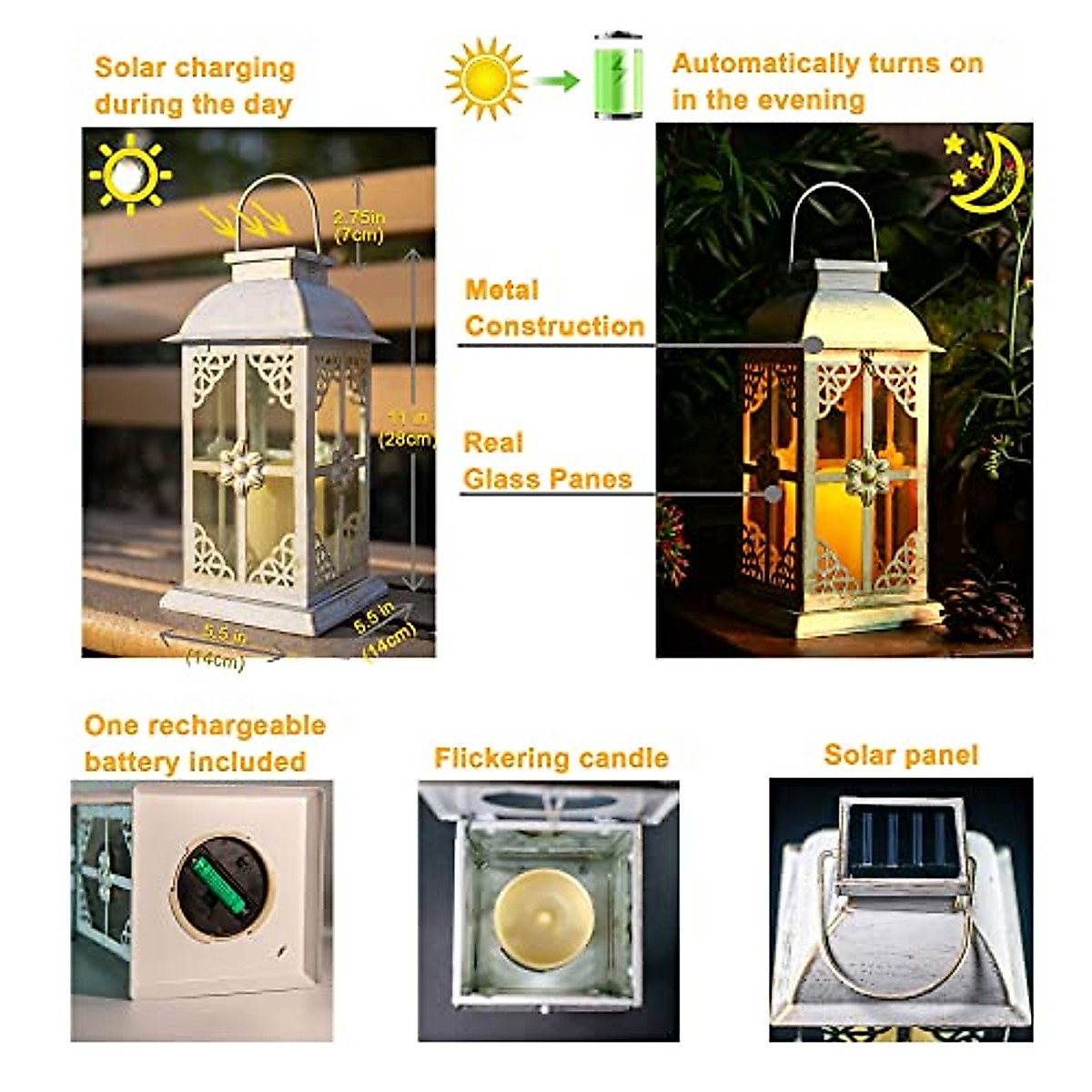 Solar Lantern Outdoor Hyacinth White Decor Antique Metal and Glass Construction Mission Solar Garden Lantern Indoor and Outdoor Solar Hanging Lantern Entirely Solar Powered Lantern of Low Maintenance