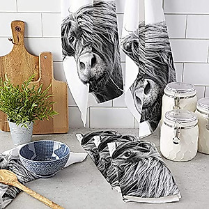 Segard Kitchen Towels Dish Towel Set of 2,Highland Cow Grey Animal Art Absorbent Hand Towels Cleaning Dishcloth Tea Towels,Longhorn Cattle Portrait Art Reusable Drying Dish Cloths