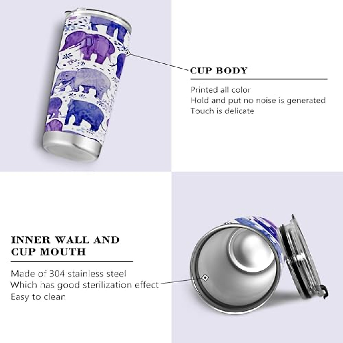 Wassud Violet Elephants 20 oz Tumbler with Lid and Straw Stainless Steel Double Wall Vacuum Tumblers Insulated Travel Coffee Mug for Cold and Hot Drinks