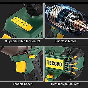 TECCPO Impact Wrench, Brushless 20V MAX Cordless Impact Wrench, 4.0Ah Li-ion Battery, 1/2 Inch, 300 Ft-lbs(400N.m) Max, 3 Variable Speed Wrench, 1 hour Fast Charger, 3 Sockets, Tool Box - BHD850B