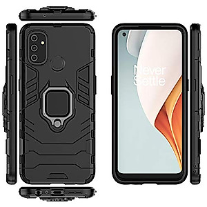 Ytaland for Oneplus Nord N100 Case,with 2 x Tempered Glass Screen Protector. (3 in 1) Shockproof Bumper Defender Protective Phone Cover with Ring Kickstand (Black)