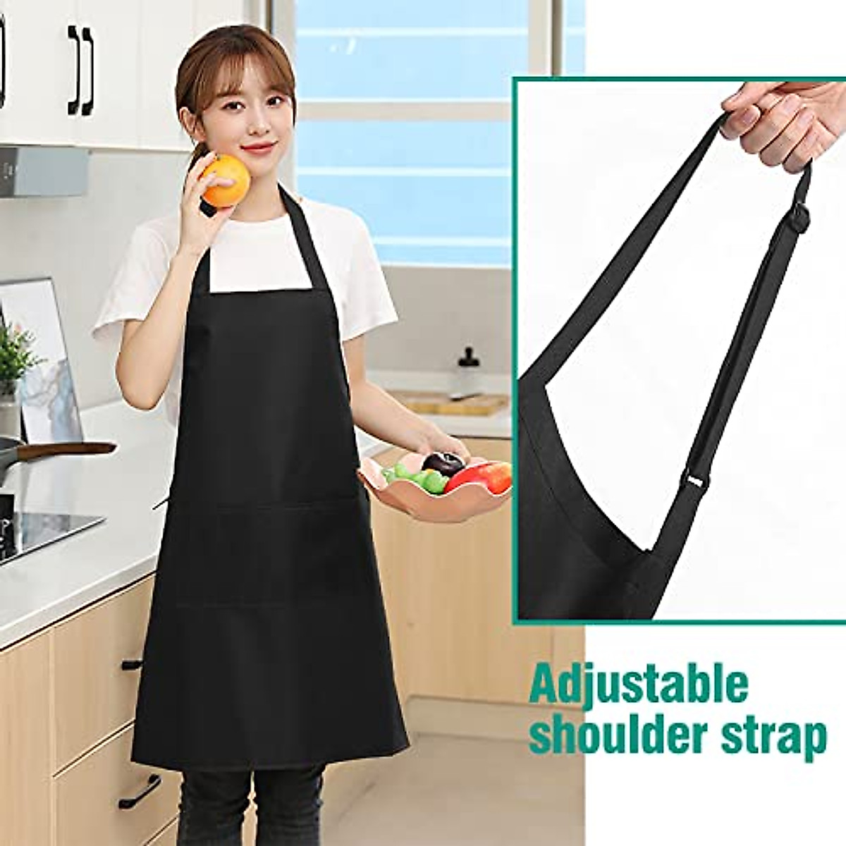Fyy Bib Apron, Adjustable Kitchen Apron with 2 Pockets, Chef Apron Waitress Apron Cooking Apron BBQ Apron for Women Men, Polyester Bulk Apron for Kitchen Cafe BBQ Restaurant Black