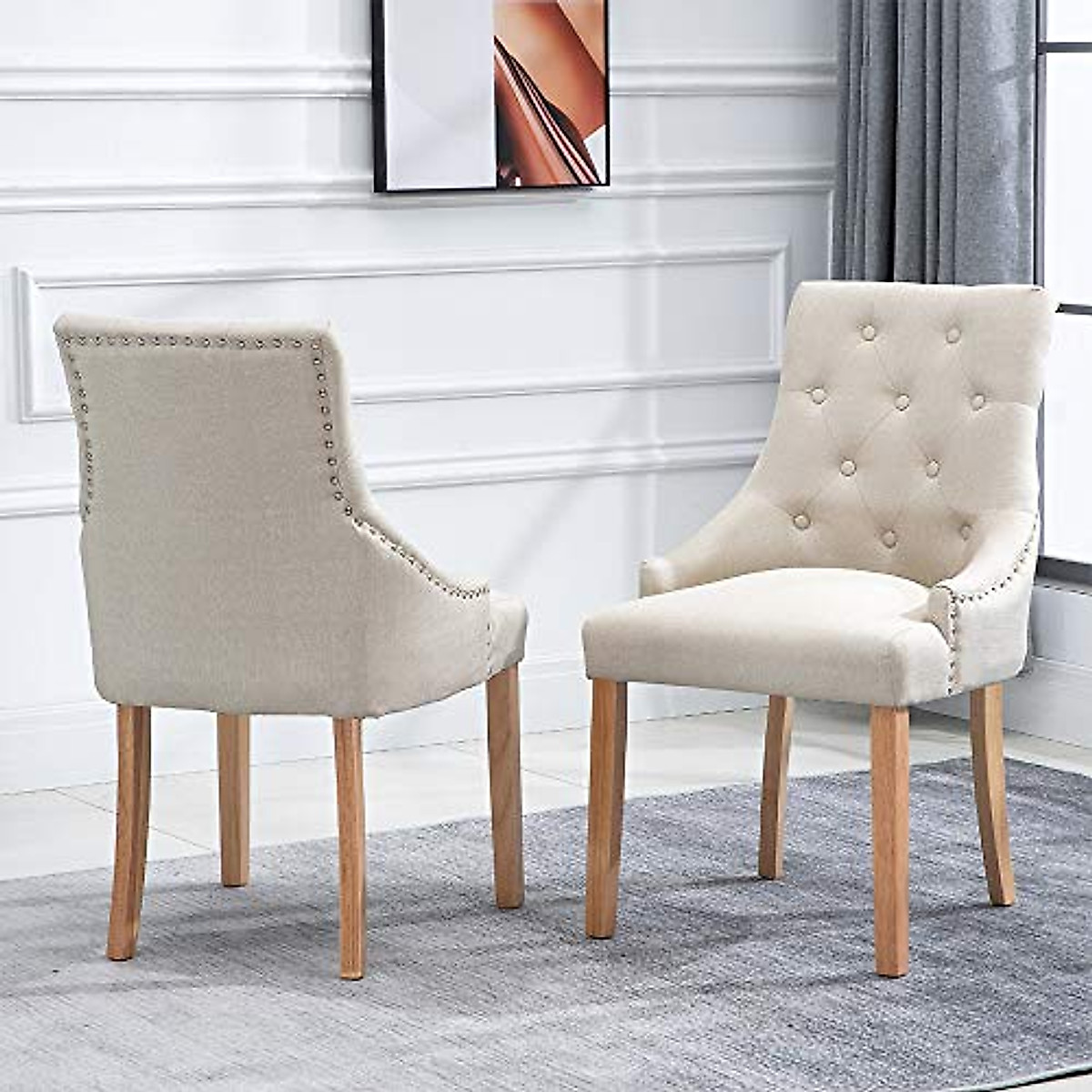 Ansley&HosHo 4 Dining Chair with Arms Modern Tufted Upholstered Accent Chair Dining Set Solid Wood Legs Living Room Armchair Side Chair for Home Kitchen Dining Receiving Restaurant Nailed Trim, Beige