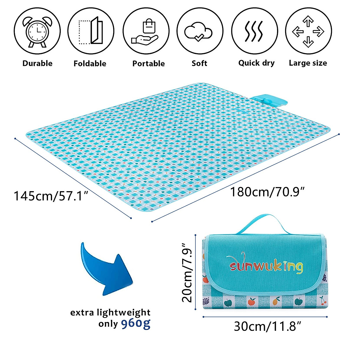 SUNWUKING Foldable Picnic Mat Table Cloth - Portable Place Mat Baby Mat Under Highchair Water Proof Sand Proof Plaid Beach Mat Park Picnic Camping Travel Outdoor Concert Baby Gym Mat 57*70 Inchs