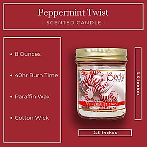 Peppermint Twist Scented Candle in Clear Mason Jar | Candles for Home | 8oz Rustic Home Decor Novelty Candle | 40 Hour Burn Time Candle