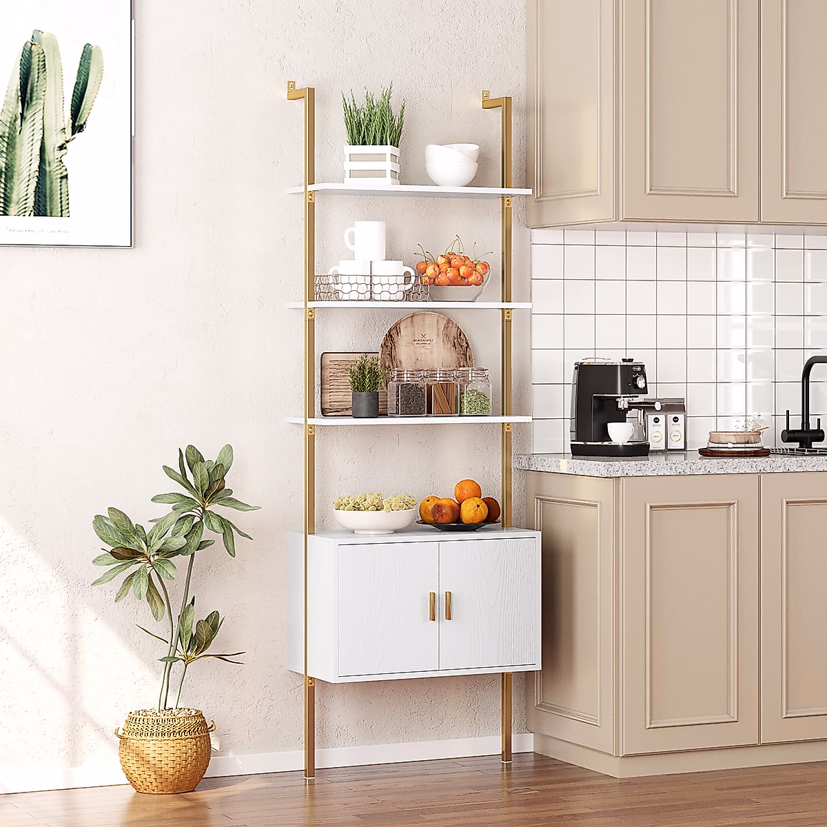 Gadroad 73" Tall Bookshef with Cabinet, Wall Mounted Industrial Ladder Bookcase with Wood and Metal Frame, 5 Tier Plant Shelf Display Storage Shelves for Living Room Bedroom, White Gold